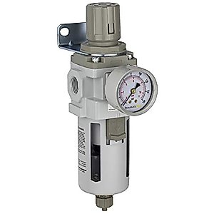 PneumaticPlus SAW400-N04BG Compressed Air Filter Regulator Piggyback Combo 1/2" NPT - Poly Bowl, Manual Drain, Bracket, Gauge