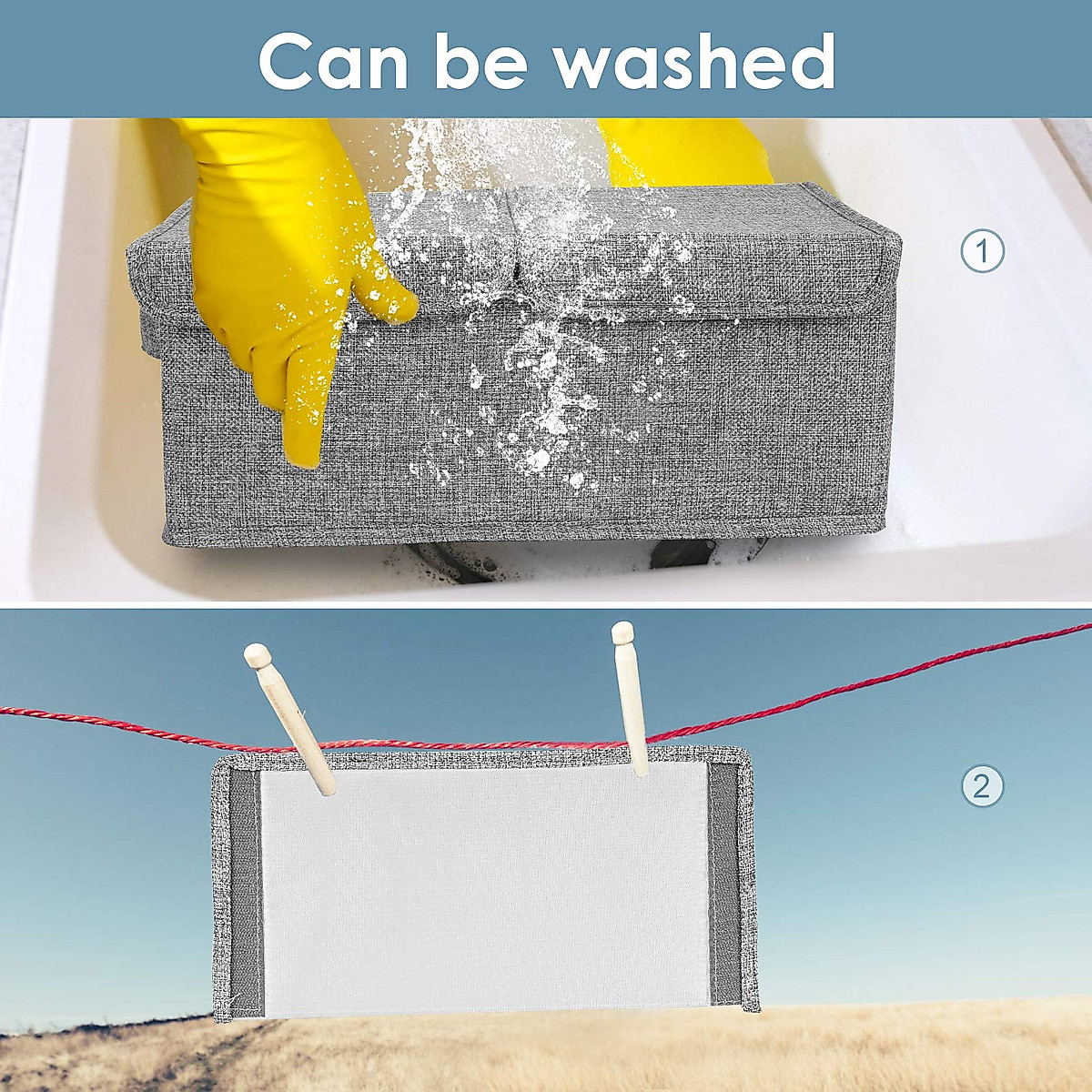 Holulo 2 Pack Fabric Storage Boxes with Removable Divider ,Collapsible Cotton Linen Storage Bins Organizer Containers Baskets Cube with Lids and Handles for Clothes Books Toys Closet Shelves Organiser, Grey