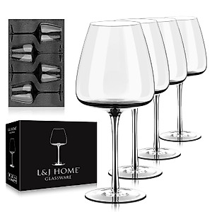 L＆J Home Red Wine Glasses Set of 4 - Hand-Blown Primary Colored Sandwich Burgundy Glasses with Smoke Hue Design - Premium Crystal Clear Wine Glasses - 21 Ounce