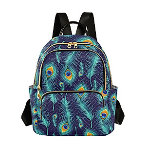 Yasala Women Fashion Backpack Blue Gold Grace Peacock Feather Sturdy Daily Bag Compact Regular Bag Diaper Bag