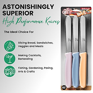 Alfi All-Purpose Knives Aerospace Precision Rounded Tip - Home And Kitchen Supplies - Serrated Steak Knives Set | Made in USA (3 Pack, Strawberry Pink)