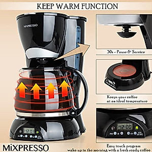 Mixpresso 8-Cup Drip Coffee Maker Programmable, Coffee Pot Machine Including Reusable And Removable Coffee Filter, Black Electric Coffee Maker