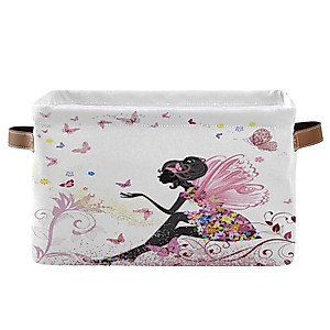 ALAZA Decorative Basket Rectangular Storage Bin, Flower Fairy in The Environment of Butterflies Organizer Basket with Leather Handles for Home Office