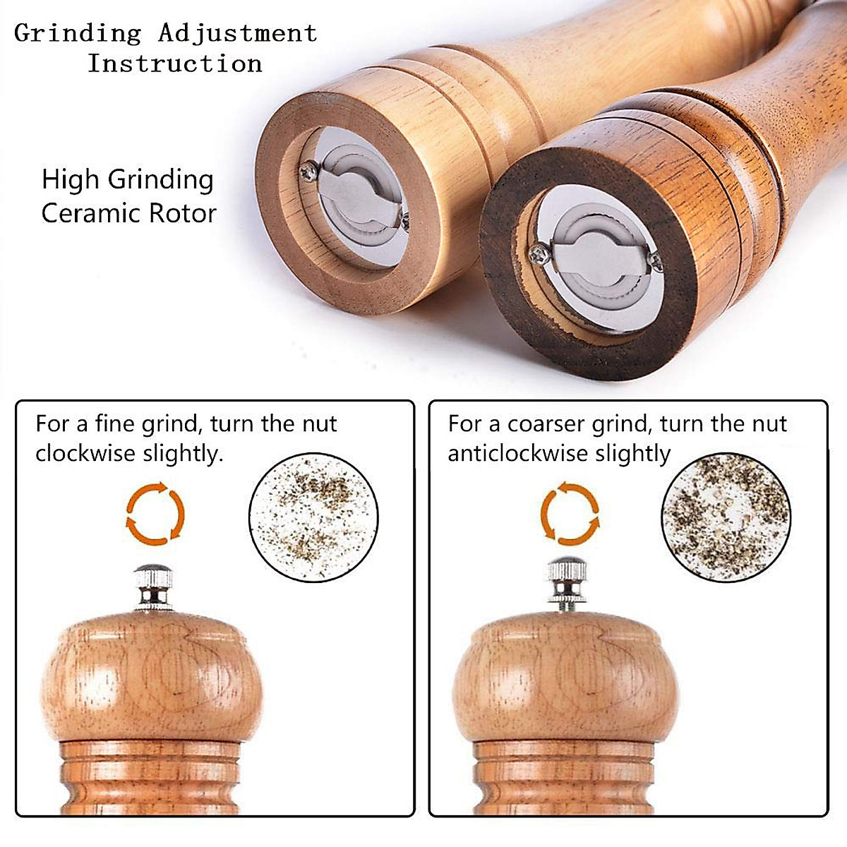 SZUAH Salt and Pepper Grinders, Oak Wooden Salt and Pepper Mills Shakers with Cleaning Brush & Wood Stand, Ceramic Rotor with Strong Adjustable Coarseness[Set of 2]