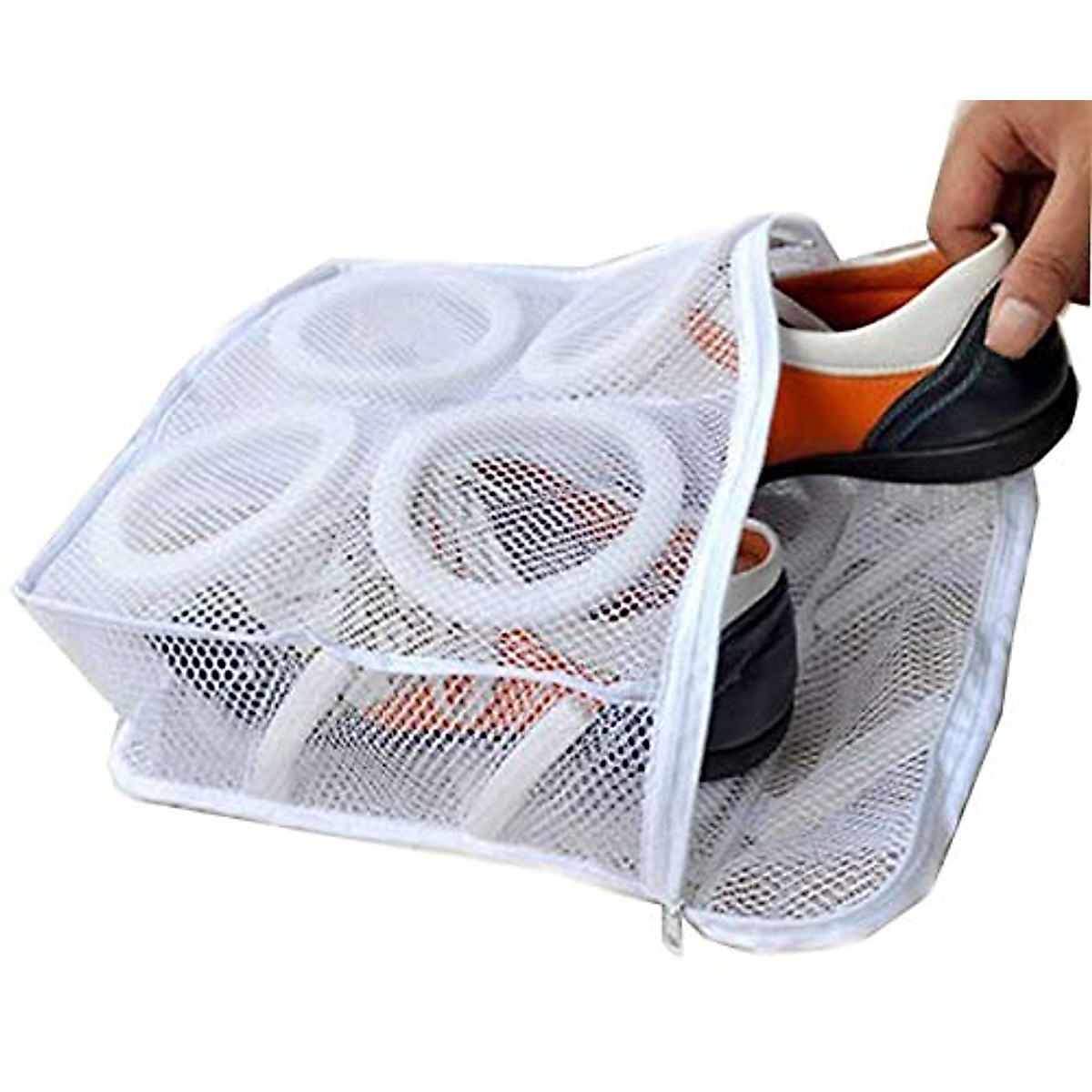 Reusable Zipper Net Shoes Wash Bag Gym Shoe Sneaker Trainers Dryer Bag Laundry Storage Organizer White Square