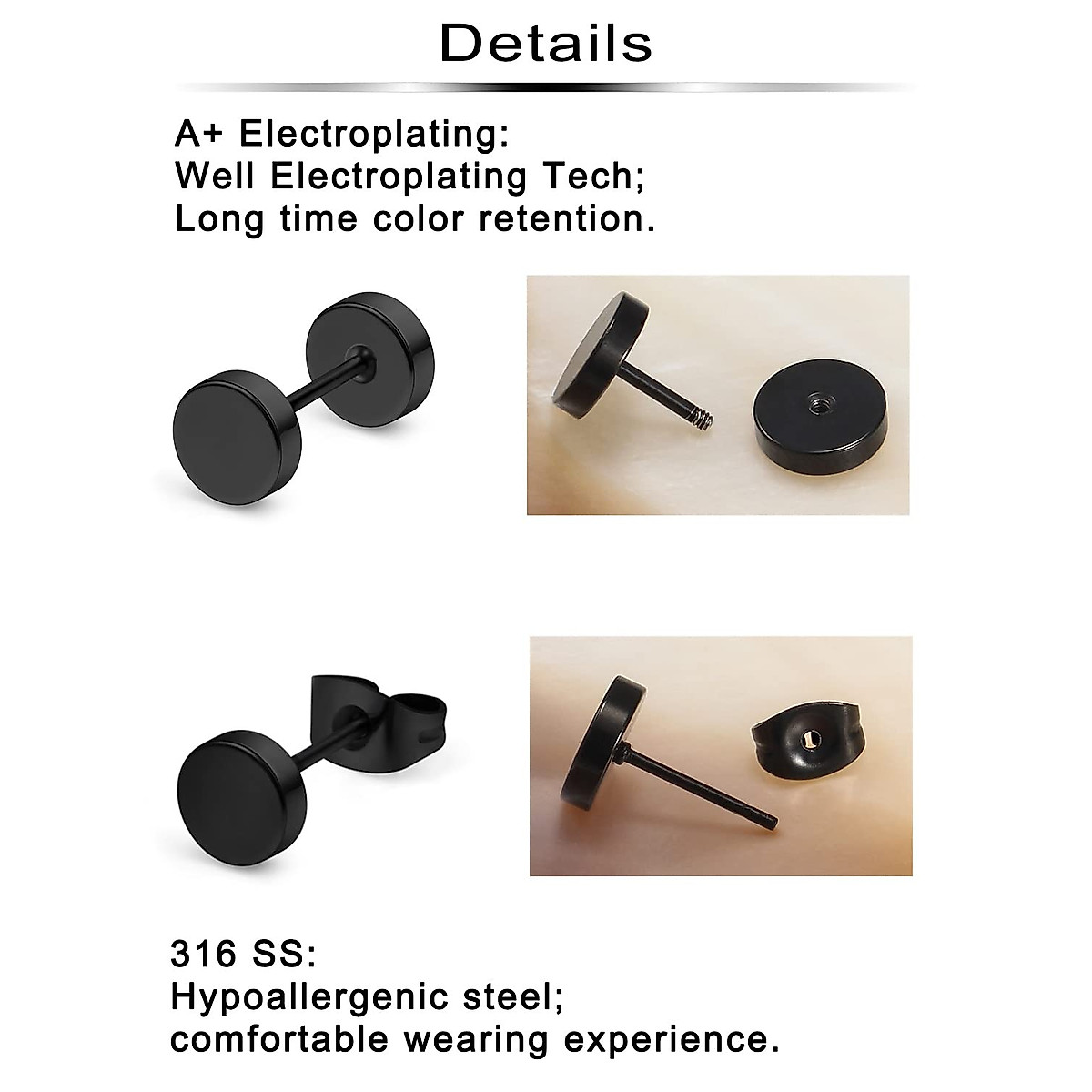 Ftovosyo 12 Pairs Black Stud Earrings for Men Stainless Steel Round Disc Faux Gauges Ear Studs for Women 3mm-8mm