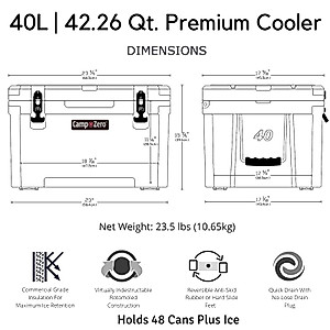 CAMP-ZERO 40L-42 Quart Hard Cooler Ice Chest, Perfect for Drinks, Beach, Picnics, Boating, Hunting, Camping and Travel with 4 Molded-in Cup Holders and Comfort Grip Handles
