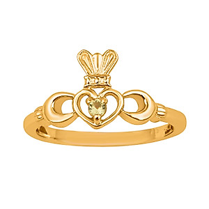 MOONEYE Multi Choice Your Gemstone Petite Claddagh 0.02 Ctw 925 Sterling Silver Yellow Gold Plated Crown Ring (7, peridot)