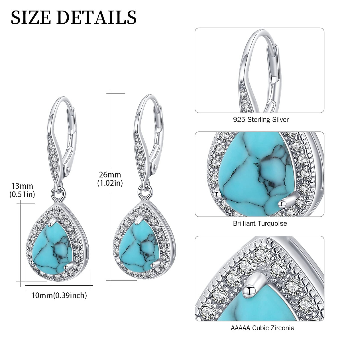 Turquoise Earrings for Women Teen Sterling Silver Leverback Earrings Minimalist Hypoallergenic Earrings for Sensitive Ears Dangle Drop Turquoise Jewelry for Xmas s (CZ-Turquoise)
