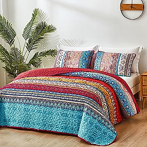 Boho Quilt Set Queen Size, Bohemian Red Strip 3 Pieces Bedspread Set Lightweight Microfiber All Season Christmas Bedding Coverlet Set for Queen Bed (96"x90")