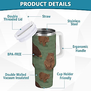 DIGTIA Stainless Steel Insulated Tumbler w/Handle & Straw, Brown Bears Double Wall Vacuum Travel Coffee Mug Cup w/Lid, Leak-Proof Sports Cartoon Water Bottle,30oz