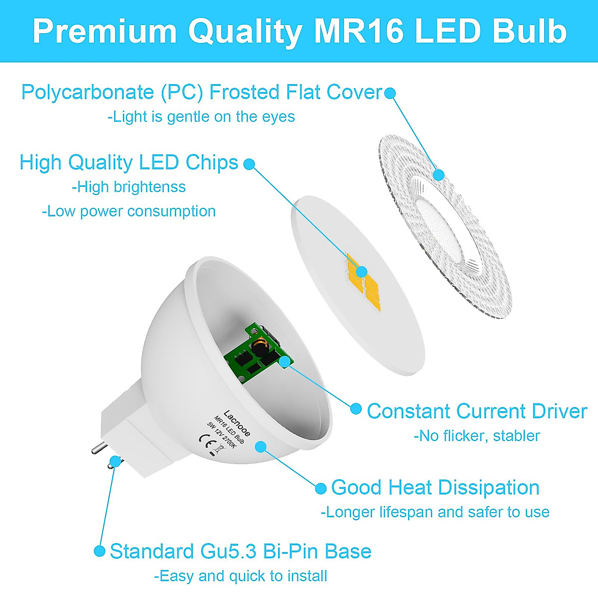 Lacnooe MR16 LED Bulb 5W, 35W to 50W Halogen Equivalent, AC/DC 12V Low Voltage MR16 GU5.3 Bulb Spotlights for Outdoor Landscape Flood Track Lighting, GU5.3 Bi Pin Base, 2700K Warm White, 6 Pack