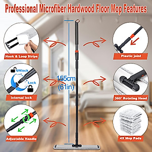18 Professional Microfiber Mop Large Flat Mops for Floor Cleaning 4 Reusable Washable mop Pads Hardwood Cleaning System Wet and Dust Mop with 61in Long Stainless Steel Handle