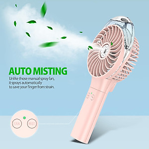 MORECORE Portable Handheld Misting Fan, Battery Operated Personal Spray Water Mist Fan, Rechargeable Mister Fan, Mini Foldable Fan for Disney Travel Makeup Beach Outdoors (Pink)