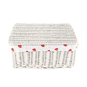 KINGWILLOW Rectangular Storage Basket, Wicker Storage Bin with Lid for Clothes Books Sundries (Strawberry Pattern Lining, Large)