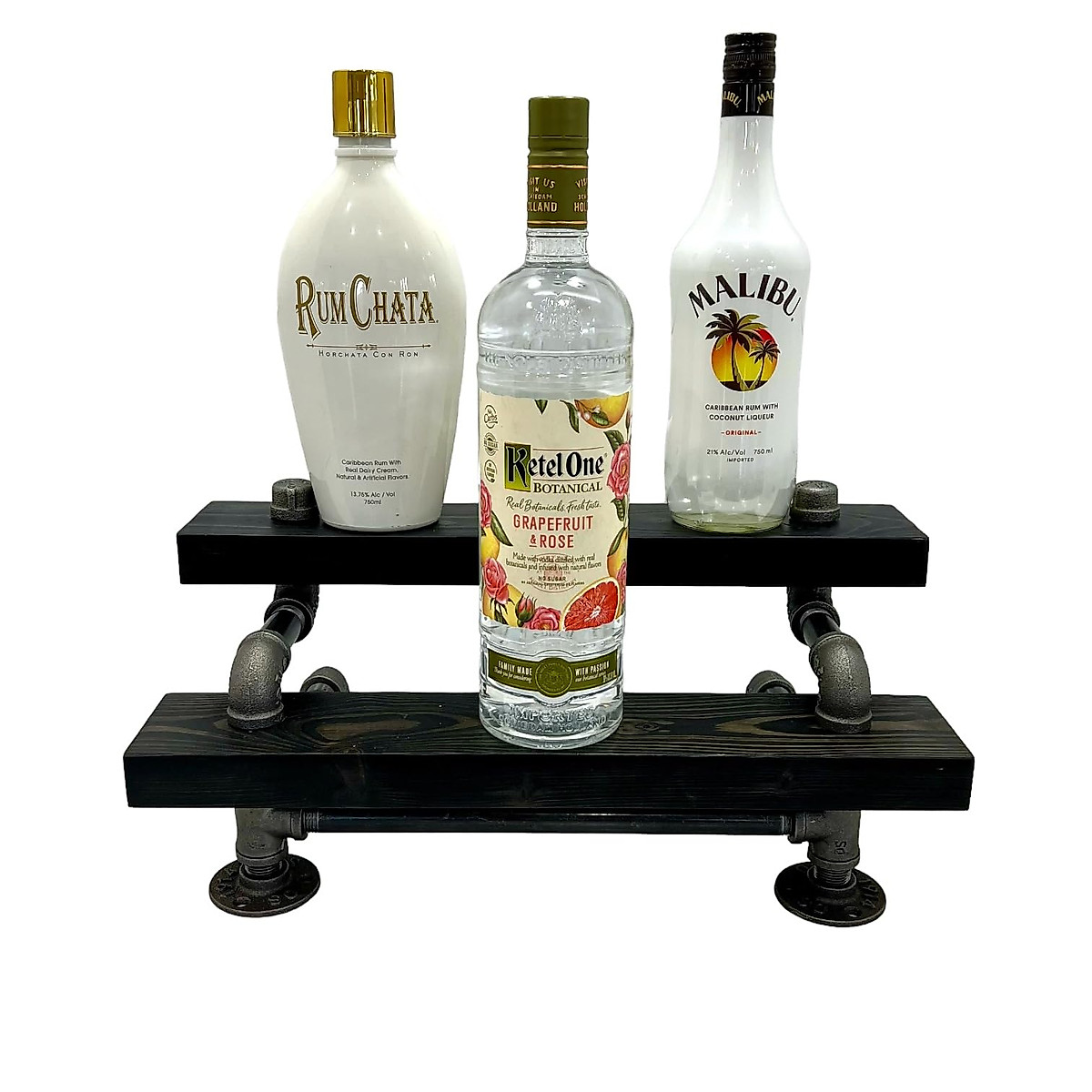 Freestanding Liquor Shelf | 2 Tier Industrial Bar Display | Liquor Bottle Display | Wood Wine Shelf | Bar Organization | Tiered Bottle Shelf (24", Aged Barrel)