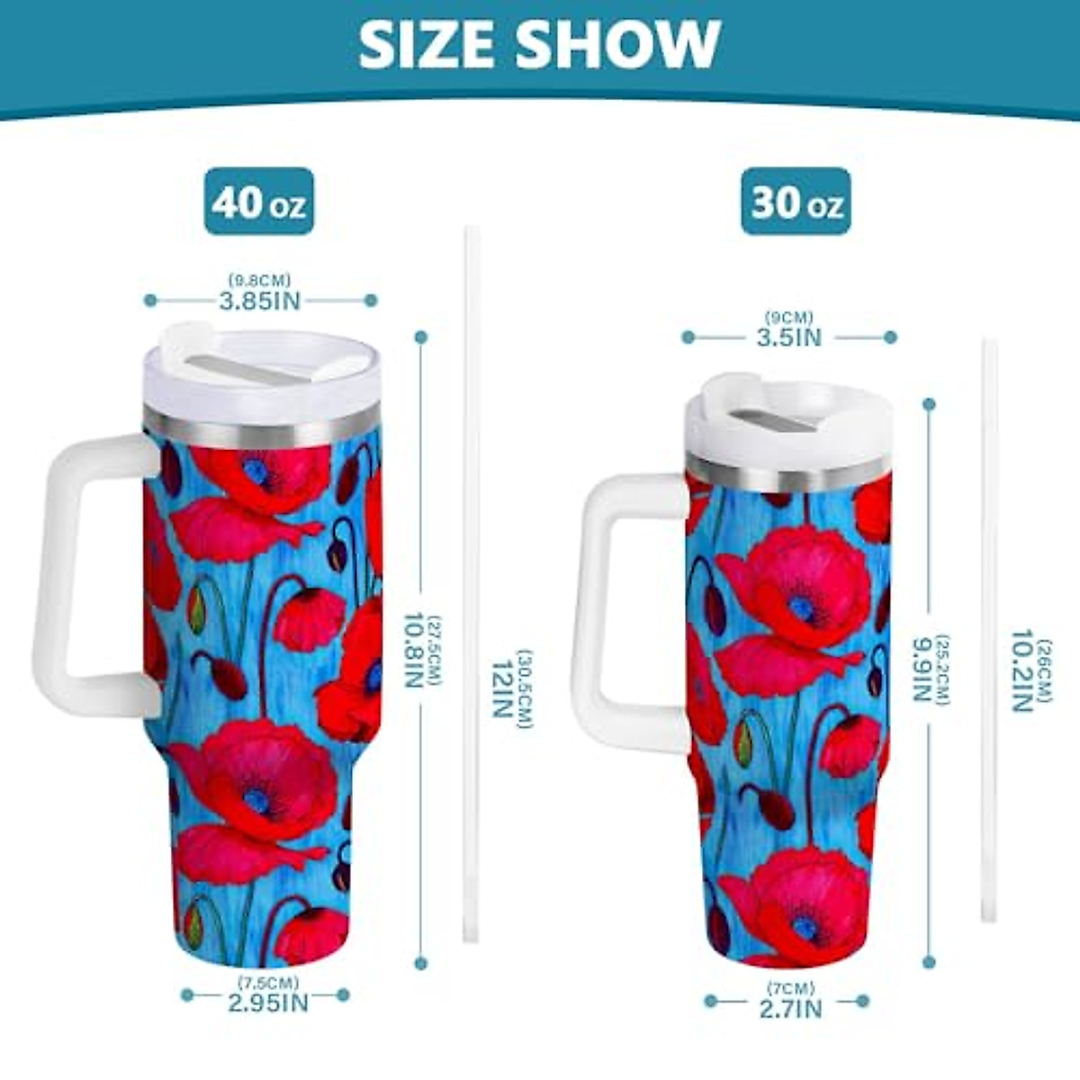 ODAWA 40oz Red Poppies Blue Insulated Tumbler Cup with Handle and Straw Lid, Vacuum Insulated Tumbler
