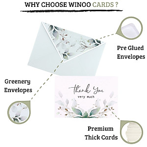 Light Sage Green Thank You Cards with Envelopes,36 PK,Heavy Duty Assorted Thank You Notes 3 Designs Greenery 4x6 Inches Blank Note Cards for Wedding Bridal Shower Baby Shower Business Funeral Sympathy