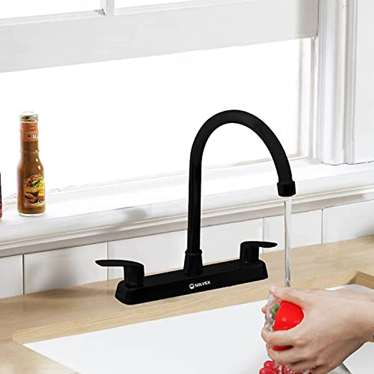 SOLVEX 2 Handle Kitchen Sink Faucet, Matte Black High Arc 360 Swivel Stainless Steel Pipe 3 Hole Kitchen Faucet, Commercial Modern Chrome Kitchen Sink Faucet, SP-80066-N