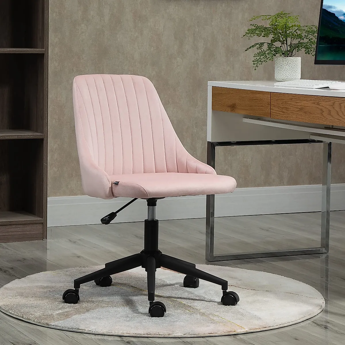 Vinsetto Mid-Back Office Chair, Velvet Fabric Swivel Scallop Shape Computer Desk Chair for Home Office or Bedroom, Pink