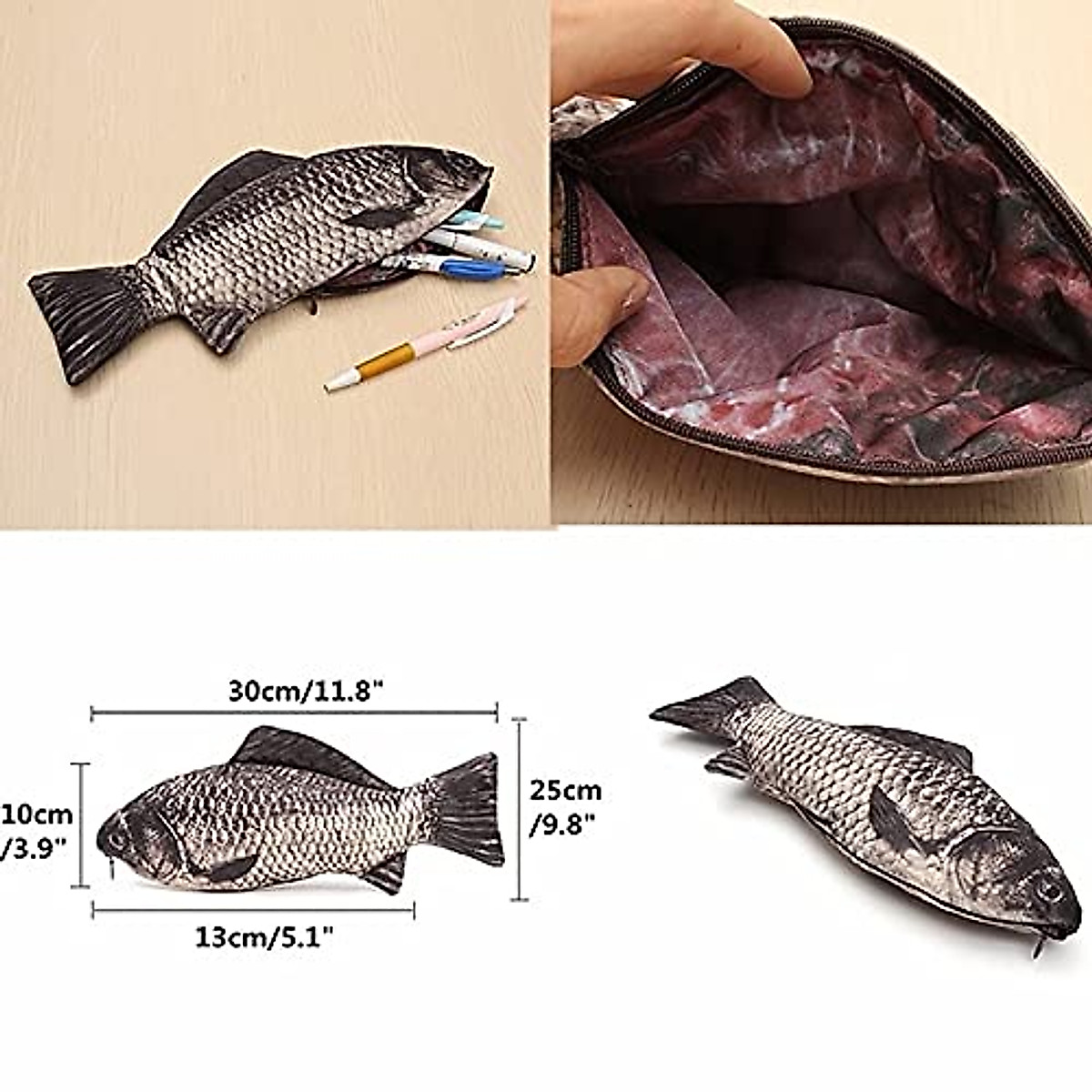 Realistic Fish Shaped Pencil Case, Large Capacity Pencil Pouch with Zipper, Multifunctional Pen Case Make up Bag School Office Stationery Supplies Organizer for Kids Teens Students Adults (12" x 5")