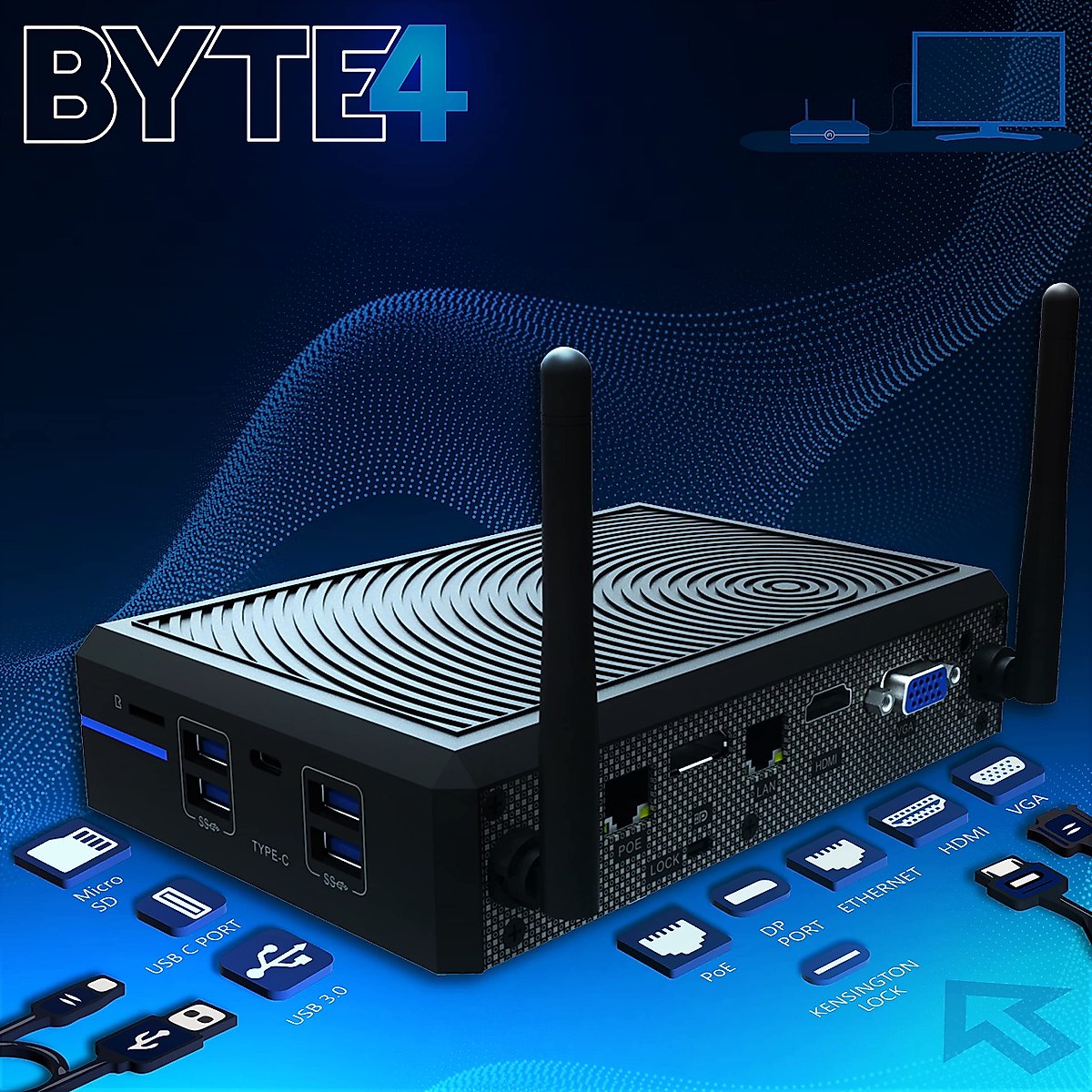 AZULLE Byte4 Pro Fanless Mini Desktop PC 4GB/64GB with Keyboard - Business & Home Powerful Portable Computer, WiFi, Ethernet, Windows 10 Pro
