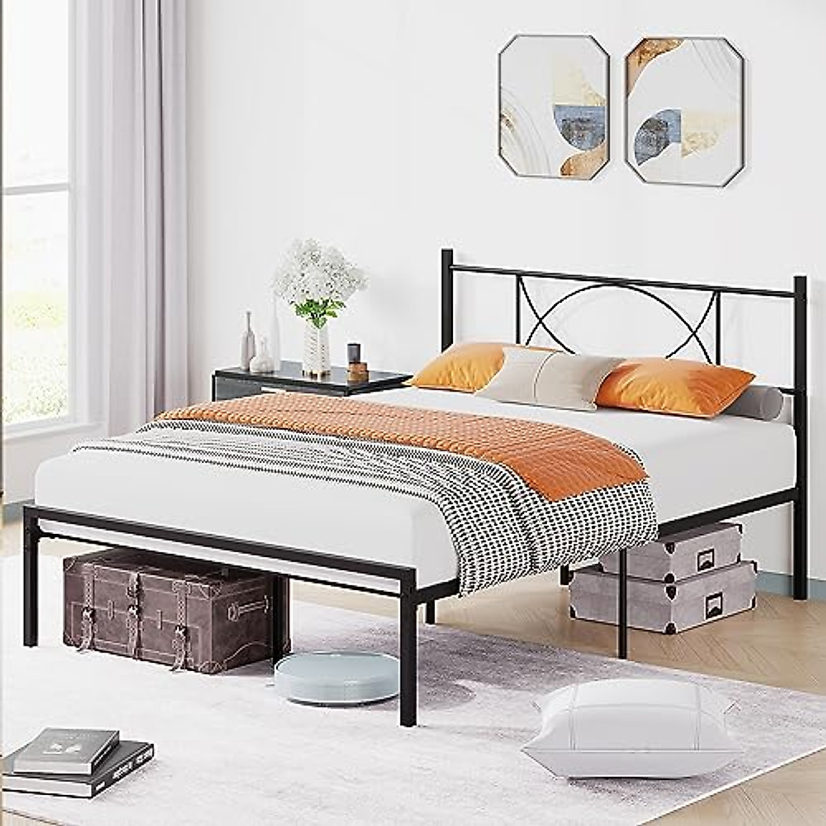 GAOMON Full Size Bed Frame with Headboard, Metal Full Bed Platform Frame No Box Spring Needed, 14 inch Black Heavy Duty Easy to Assemble Mattress Foundation