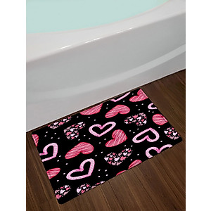 LB Romantic Valentines Day Bathroom Rug Pink and Red Love Heart Bath Mat Black Doormat Non Slip Memory Foam Super Absorbent Floor Mats,24Wx16H Inch