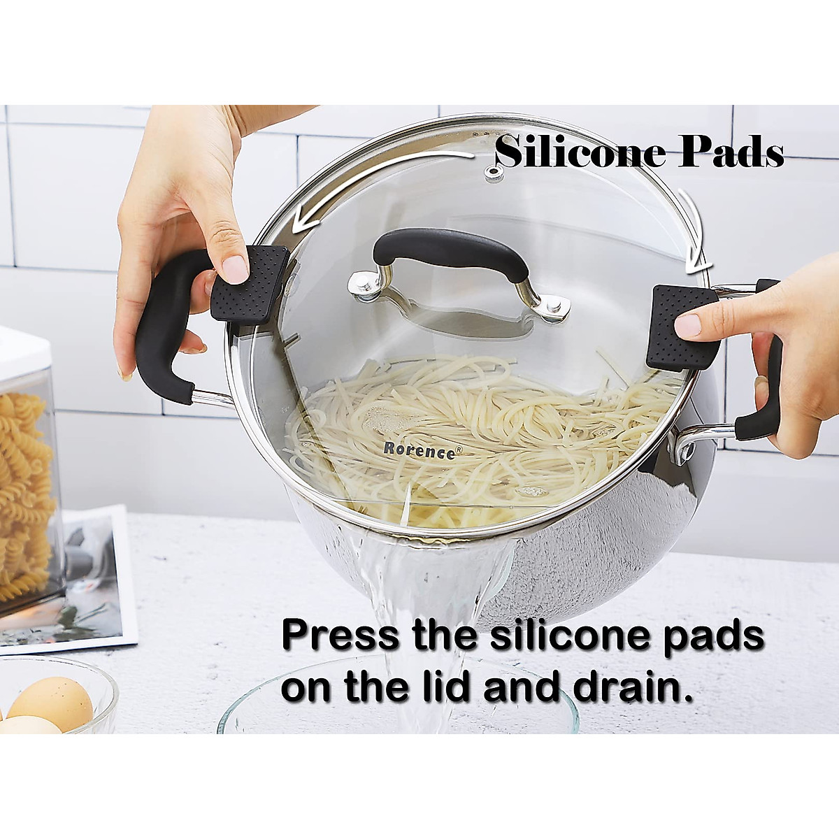 Rorence Stainless Steel Stock Pot with Lid: 6 Quart Stockpot Pasta Pot with Two Side Spouts, capsule Bottom, Strainer Glass Lid