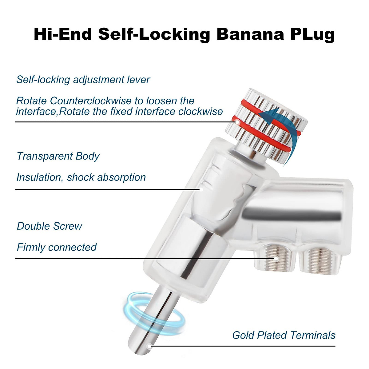 Monosaudio Locking Banana Plugs 8Pcs 45 Degree Banana Connectors Double Screw Speaker Banana Plug for 8-15 Guage Speaker Wire,Audio/Video Receiver,Sound Systems with L-Form Hex Wrench(Rhodium Plated)