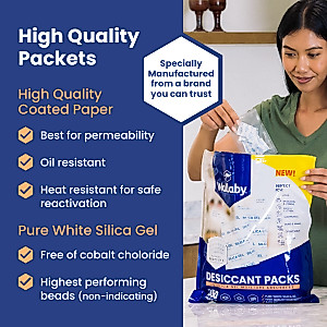 Wallaby 2 gram (350 Packets) Food Safe Pure White Silica Gel Desiccant Dehumidifier Packs - Rechargeable & Coated Moisture Absorbers - Protects Against Moisture Damage - (Packed in 70x Sets of 5)