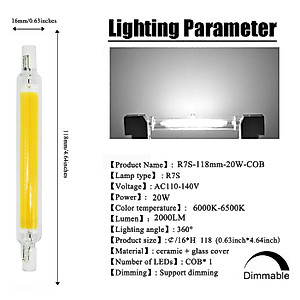 118mm 20W R7S LED Bulb (2 Pack) 100W Halogen Equivalent 118mm J-Type High Brightness 20W 120V R7S Base 6000K Daylight White J Type T3 118mm Double Ended Flood Light 360°Beam Angle Landscape Lights