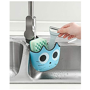QTMY 2 PACK Cat Sponge Holder Basket with Buckle,Sink Faucet Caddy Hanging Drain Rack, Gadget Soap Brush Desk Pen Organizer for Kitchen Bathroom,Pink Blue