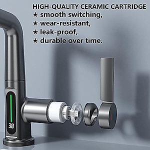 BARROCK Waterfall Bathroom Faucets with Pull Down Sprayer, Modern Pull Out Bathroom Sink Faucet with Digital Temperature Display, Height Adjustable Basin Mixer Tap No Battery Needed, Gun Grey