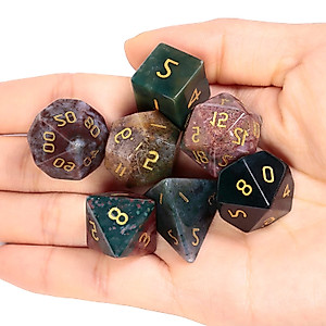 Yatming Set of 7 Healing Crystal Polyhedral DND Dice for RPG MTG Table Games, Handmade Indian Agate Stone Dice Set with Box for Collection Display Home Decor