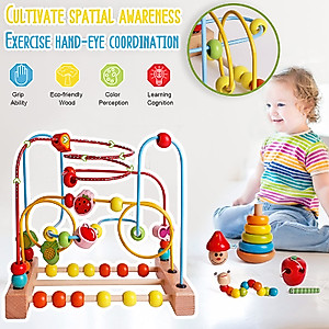 SHIERDU Four-in-one Early Education Set Bead Maze Toy for Toddlers Montessori Activity Caterpillars Eat Apple Wooden Rainbow Stacker Twisting Caterpillar Toddler Activity Center Portable Travel Toys