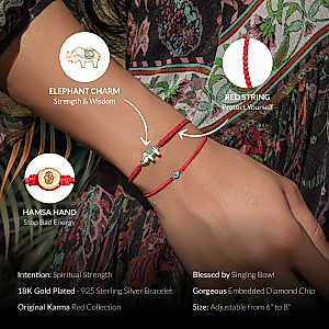 KARMA AND LUCK Red String Bracelet for Women, 18K Gold Elephant Charm & Diamond Chip, Made in Bali, Size 6”-8”