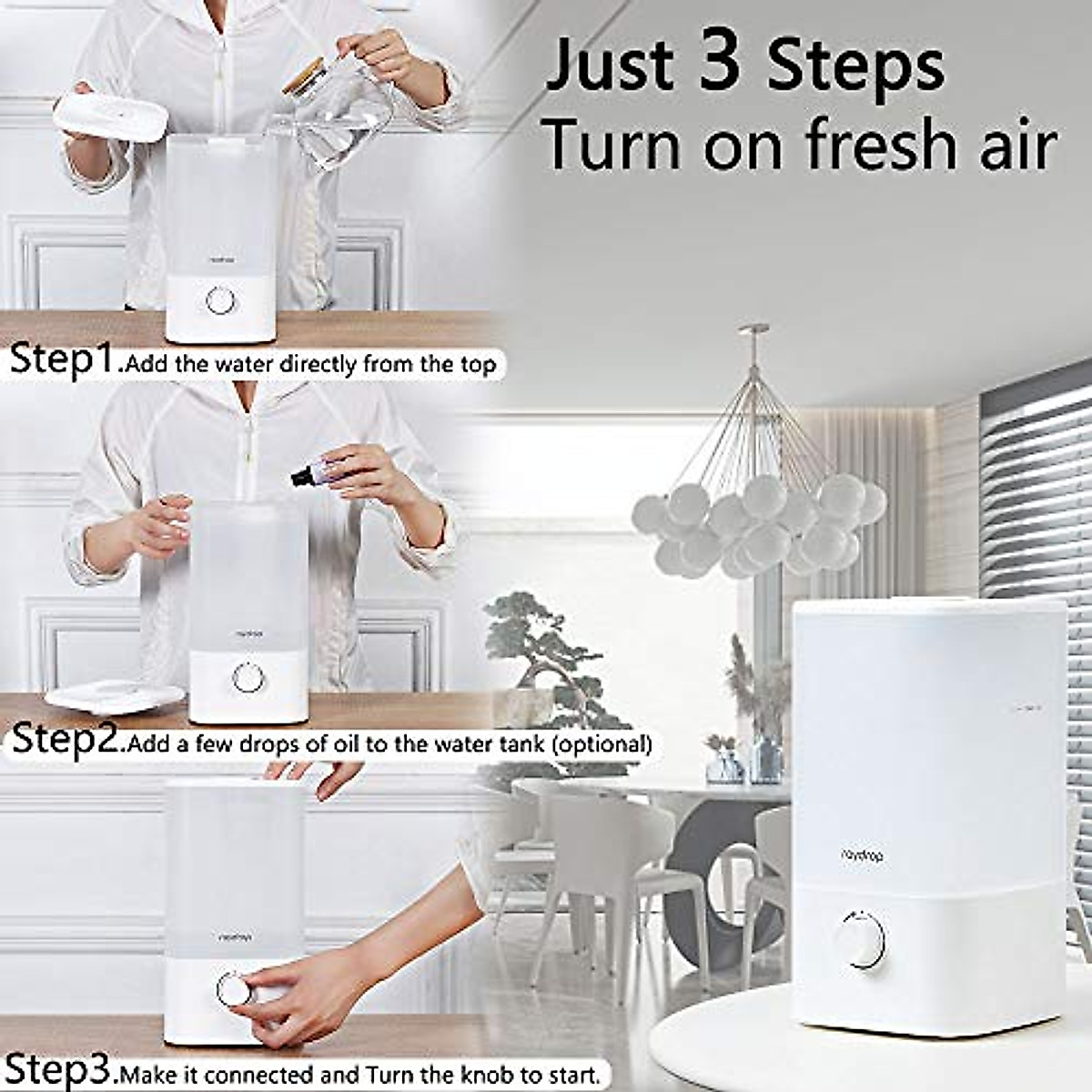 raydrop Cool Mist Humidifier, 2.5L Essential Oil Diffuser for Bedroom Nursery,Home and Office, Adjustable Mist,Auto Shut-Off, Easy to Clean,Dial Knob