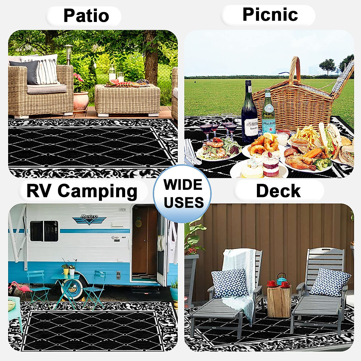 OutdoorLines Indoor Outdoor Rugs for Patio 5x8 ft - Reversible Outside Carpet, Stain & UV Resistant Portable RV Mats, Plastic Straw Rug for Camping, Pool Deck, Porch Rhombus Black & White