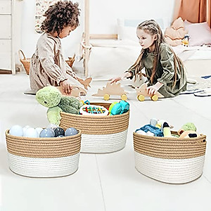 Dougeen Woven Rope Baskets for Storage Organization,Small Rope Baskets for Shelves,Cute Basket for Cube Storage,Woven Rope Basket for Nursery Toy Organizing,Bookcase Rope Basket,Oval Brown&white Set 3
