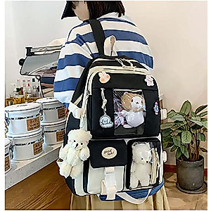LIEEI Kawaii Backpack 5Pcs Set Cute Backpack Aesthetic Large School Bags with Pendants and Pins, Pen Case, Tote Bag, Small Bag (Black)