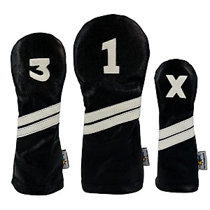 Sunfish Black and White Leather Golf Club Headcover Set 1-3-X Driver Fairway Hybrid