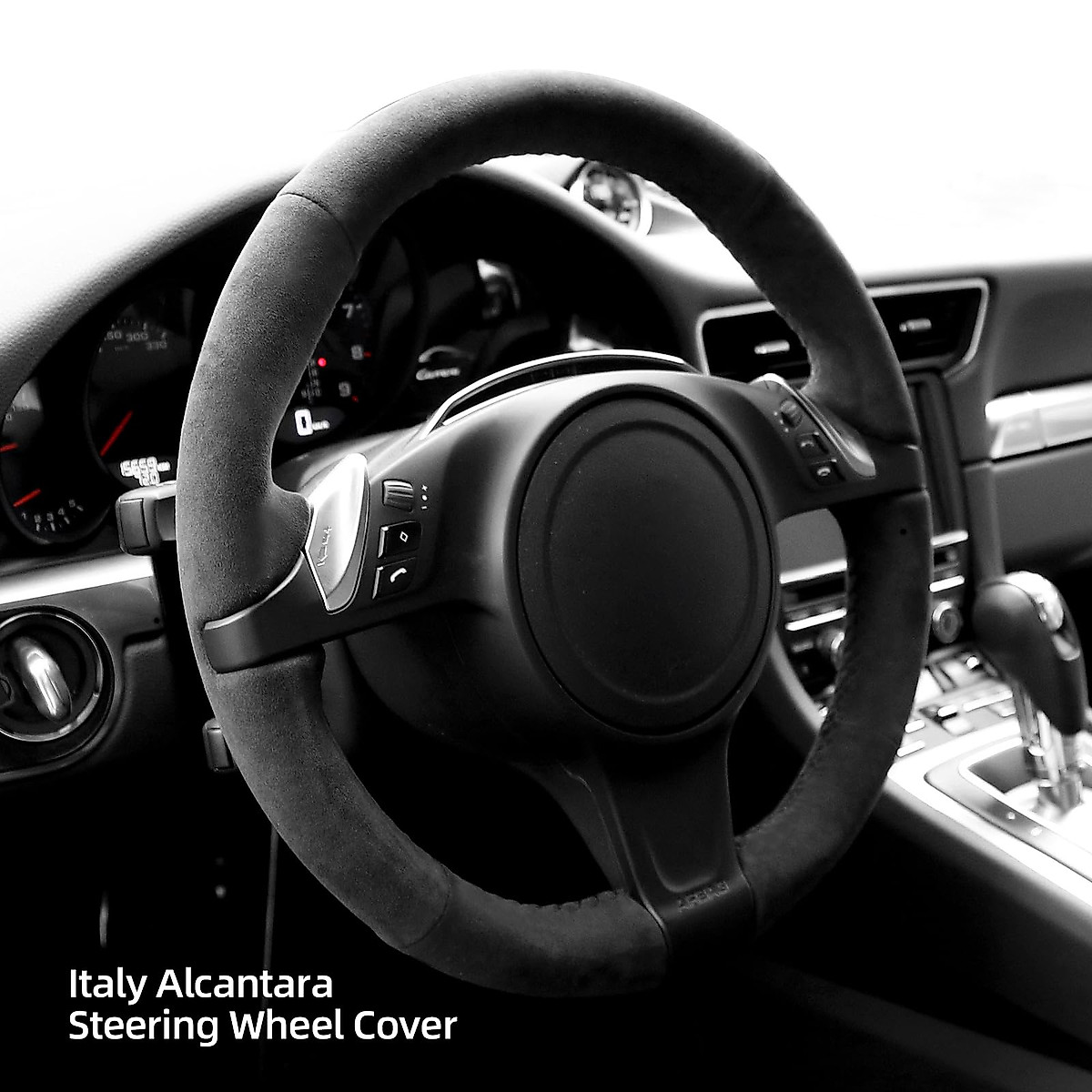 Alfanxi Hand Stitch Sewing Italy Alcantara Car Steering Wheel Cover Wrap for Porsche 911/Panamera/Panamera E-Hybrid (Black Alcantara+No Stripes)