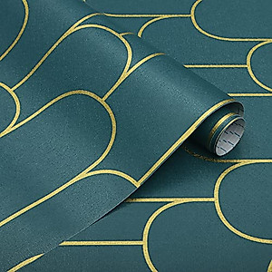 Peel and Stick Wallpaper Green and Gold Geometric Contact Paper Green and Gold Self-Adhesive Wallpaper Removable Modern Stripe Wallpaper for Walls Covering Waterproof Vinyl Rolls 17.3''x118''