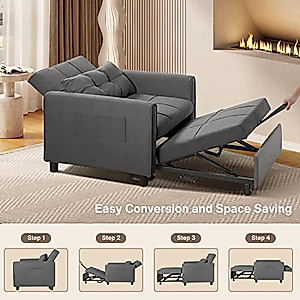 Noelse Convertible Futon Sofa Bed, 3-in-1 Multi-Functional Sleeper Chair Bed, Adjustable Backrest Recliner with Modern Linen Fabric for Living Room Bedroom Apartment Small Space, Dark Grey
