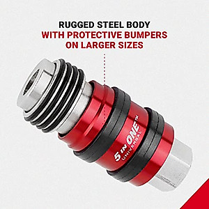 Milton 5 In ONE Universal Quick Connect Industrial Coupler, 1/4" Female NPT, Air Hose Connection, Safety Exhaust Coupler, Single, Red (S-1750)