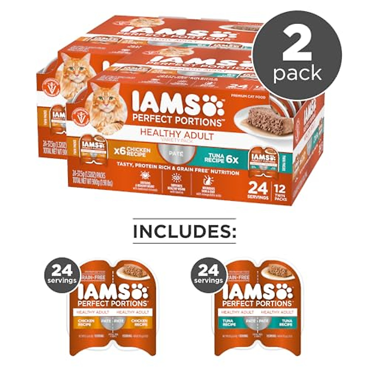 IAMS Perfect Portions Healthy Adult Wet Cat Food with Chicken and Tuna Recipe Variety Pack, Easy Peel Twin-Pack Trays, Pack of 24 (48 Total Servings)