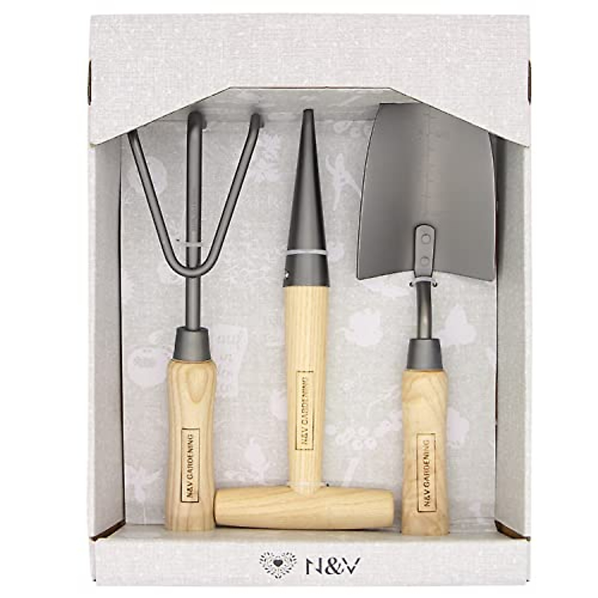 N&V Gardening Tools Set, 3 Pcs Garden Tools Set, Nickel Plated Stainless Steel Heavy Duty Gardening Tools Kit, Hand Trowel, Dibble and Hand Rake