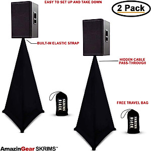 AMAZIN Gear Brand Professional Speaker Stand Covers, Premium 4-Way Stretch Spandex Pro DJ Scrims, 360 Degree Coverage Tripod Skirts, Cable Pass-Throughs +2 Bonus Carrying Bags (2-Pack, Black)