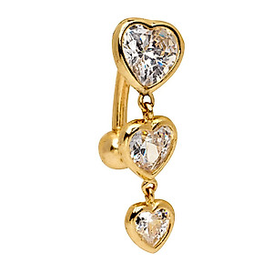 JewelryWeb Solid 14k Yellow or White Gold Graduated Heart Cubic Zirconia Top Mount Belly Button Ring Dangle (7mm x 24mm) (yellow-gold)